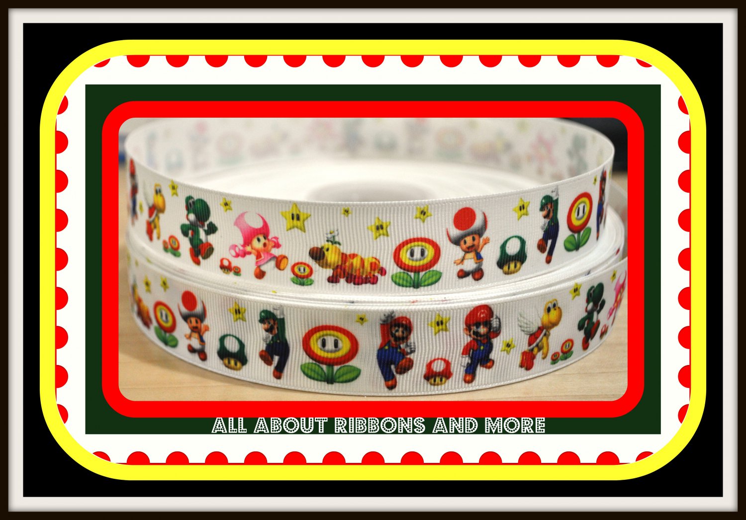 1 inch Mario Brothers and Friends White Grosgrain Ribbon (5 yards)