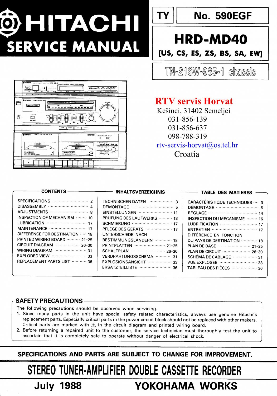 Hitachi HRDMD40 Music System Service Manual PDF download.