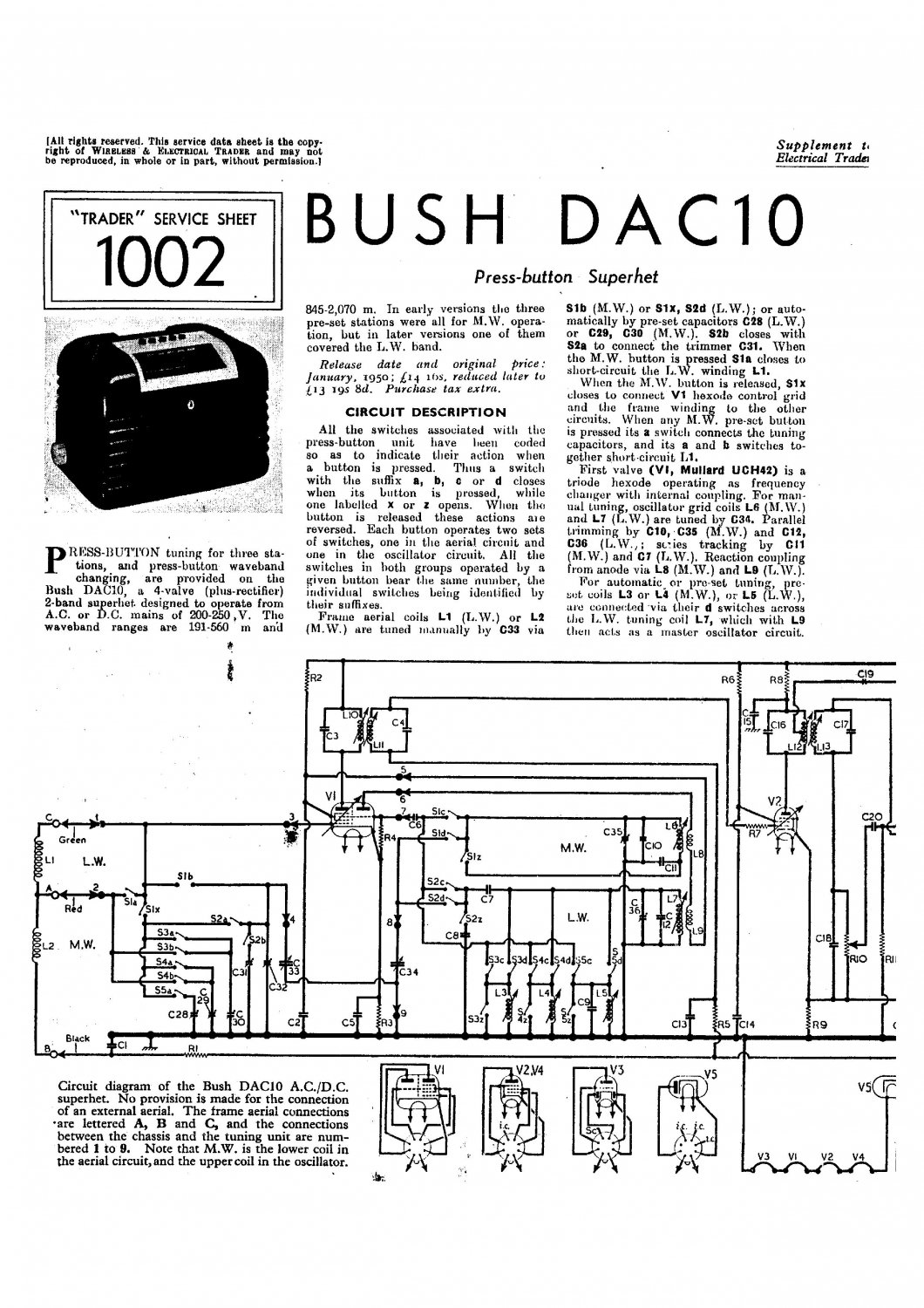 Bush DAC10 Vintage Wireless Service Schematics PDF download.