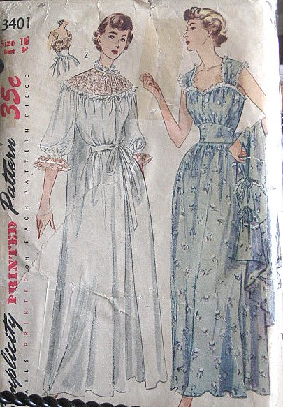 S3401 1950 Vintage Misses Nightgown/Negligee Sewing Pattern