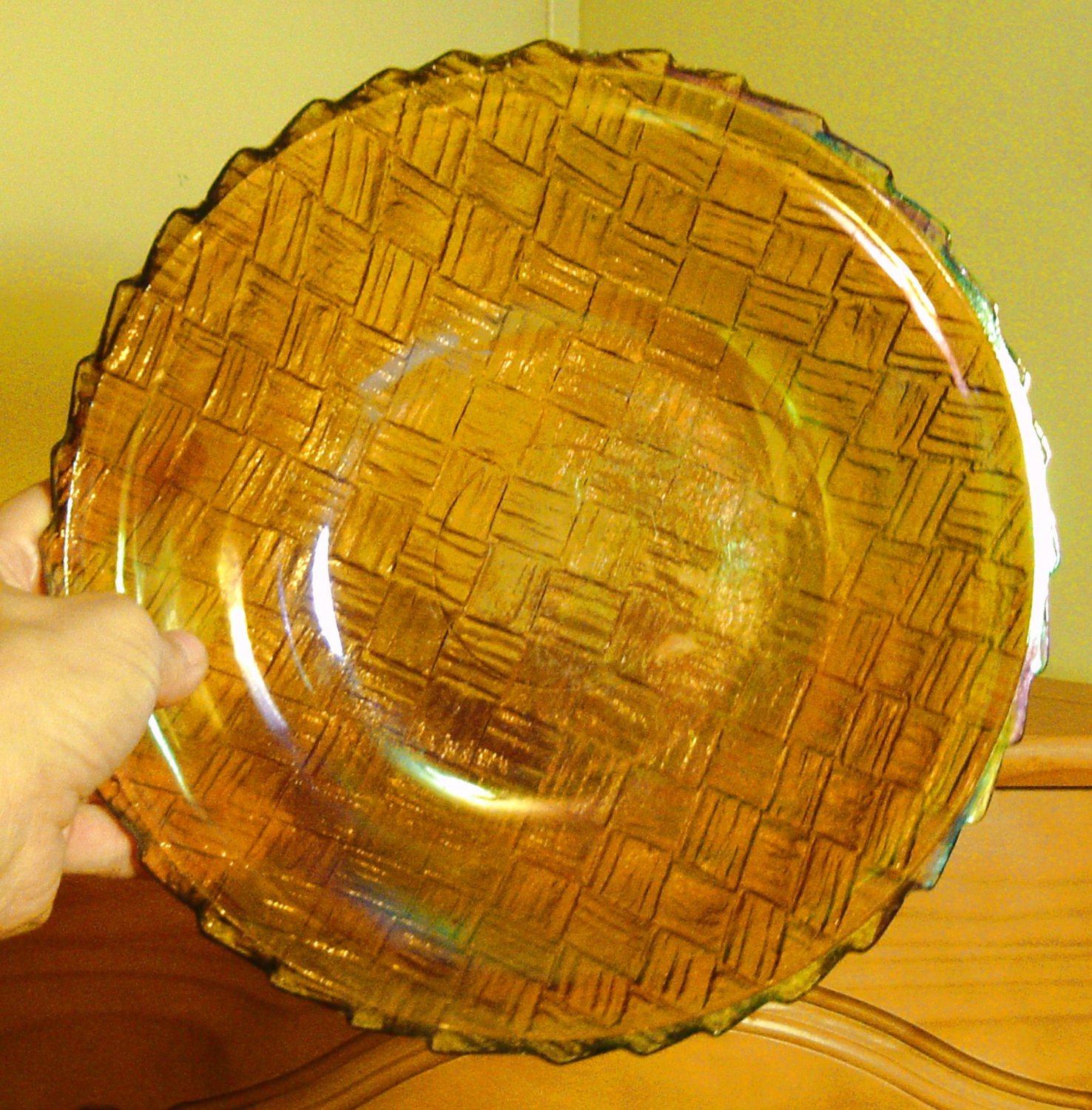 Marigold Carnival Glass Basket Weave Bowl
