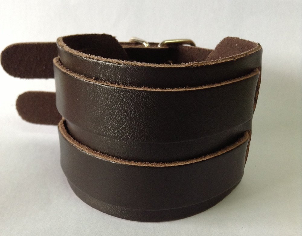 Double Strap Genuine Leather Cuff Wristband Bracelet Adjustable Unisex ...