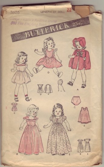 Vintage 1930's Butterick #3626 22" Doll Wardrobe Pattern