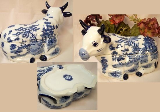 Cow Cookie Jar Large Ceramic Blue Willow - 963115