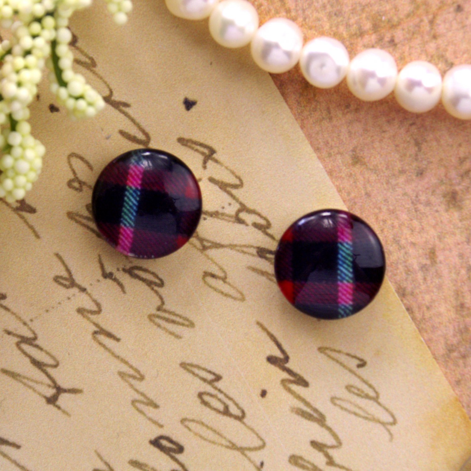 10 handmade Photo glass dome cabochons Plaid checker 12mm s20