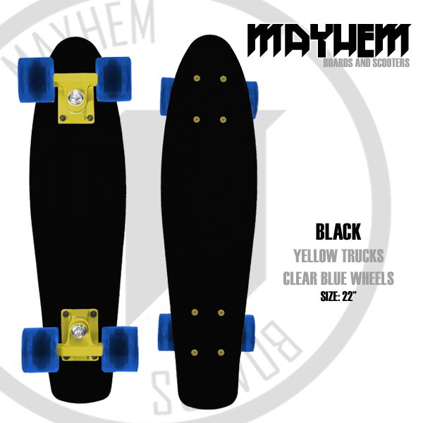 Black Deck / Clear Blue Wheels / Yellow Trucks 22" Mayhem Skateboard ...