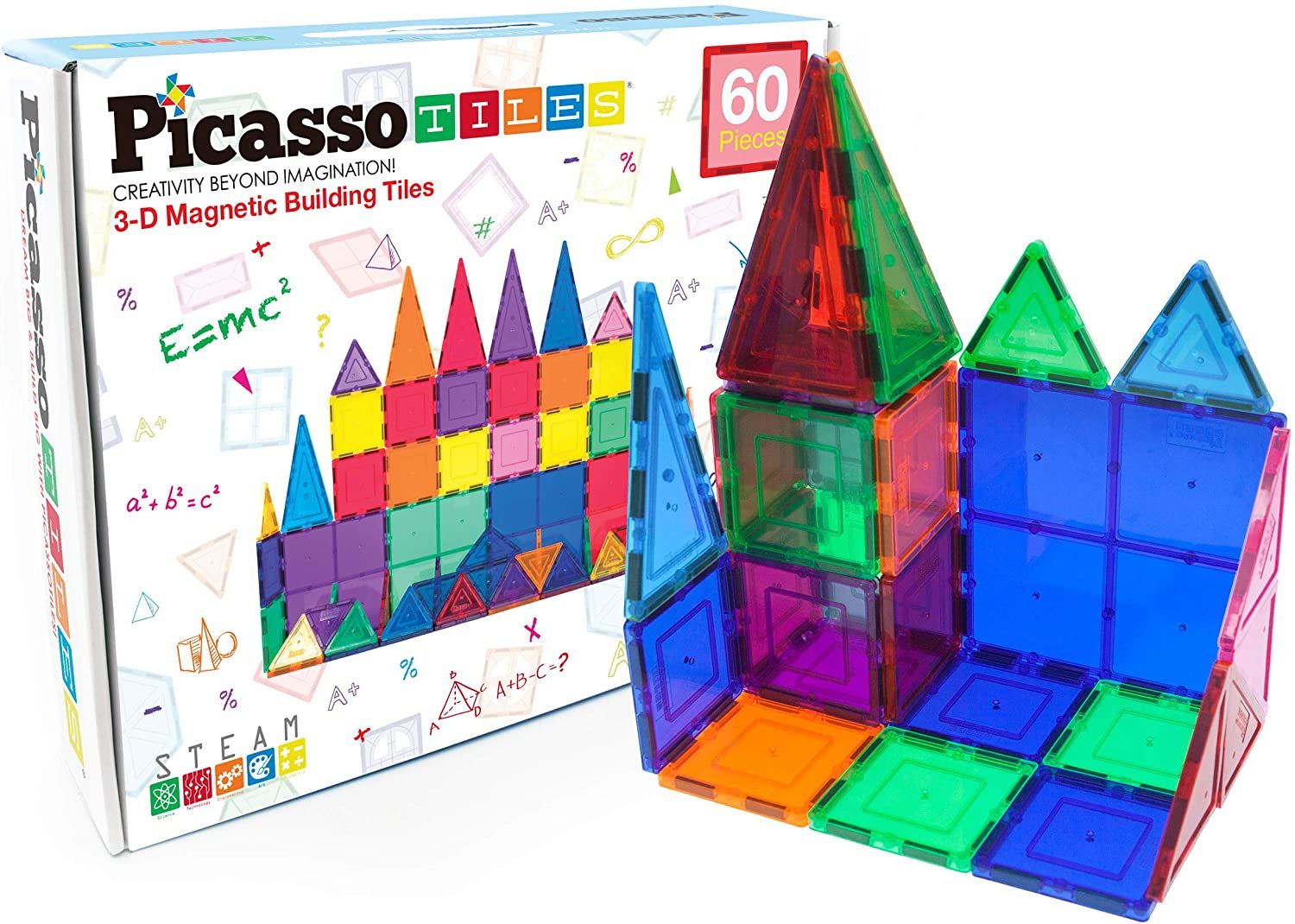 PicassoTiles 60 Piece Set Clear Magnetic 3D Magnet Building Tiles
