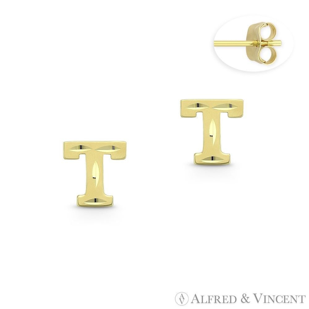 Initial Letter T Petite Baby Stud 14k Yellow Gold Stamping Push Back
