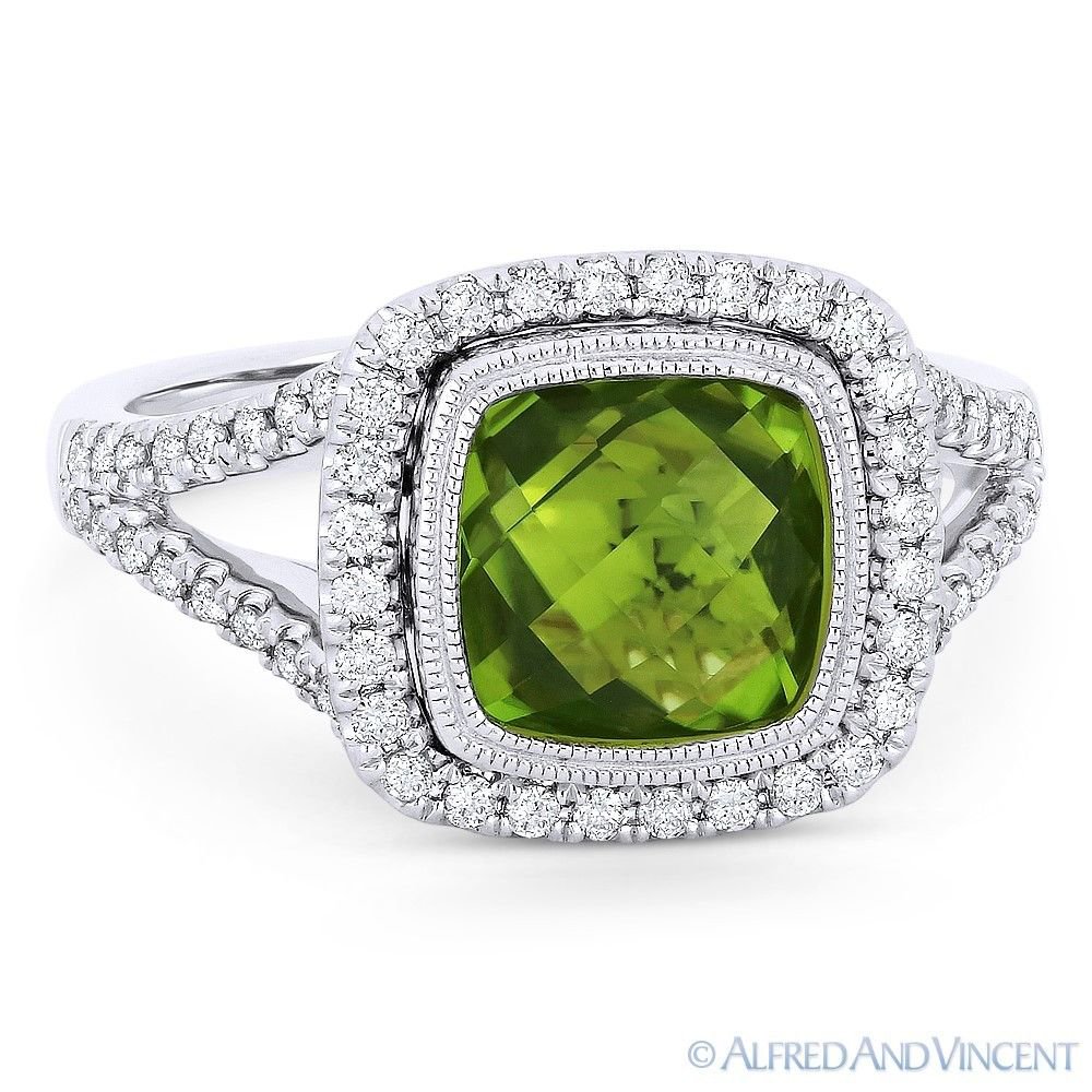 3.16ct Cushion Cut Peridot & Diamond Pave Halo Right-Hand Ring in 14k ...