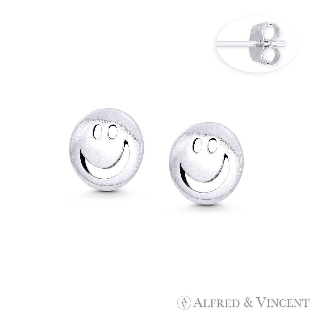 Smiley Happy Face Emoji Happiness Charm 9mm Stud Earrings in 925 ...