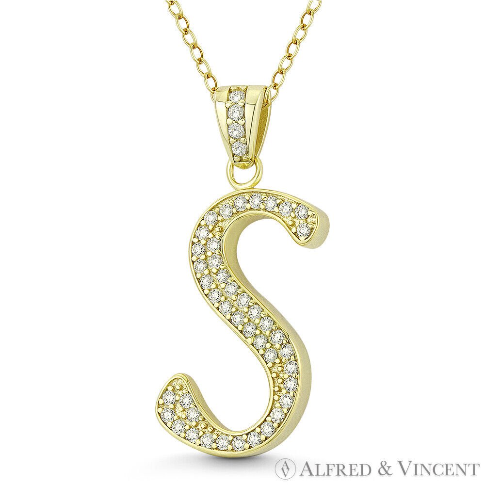 Initial Letter "S" Cursive Script CZ Crystal .925 Sterling Silver 14k GP Pendant