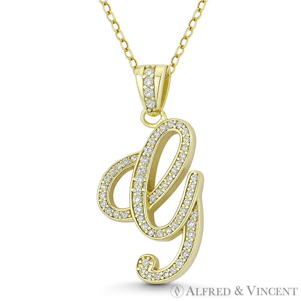 Initial Letter "G" Cursive Script CZ Crystal .925 Sterling Silver 14k GP Pendant