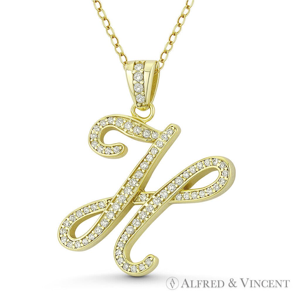 Initial Letter "H" Cursive Script CZ Crystal .925 Sterling Silver 14k GP Pendant