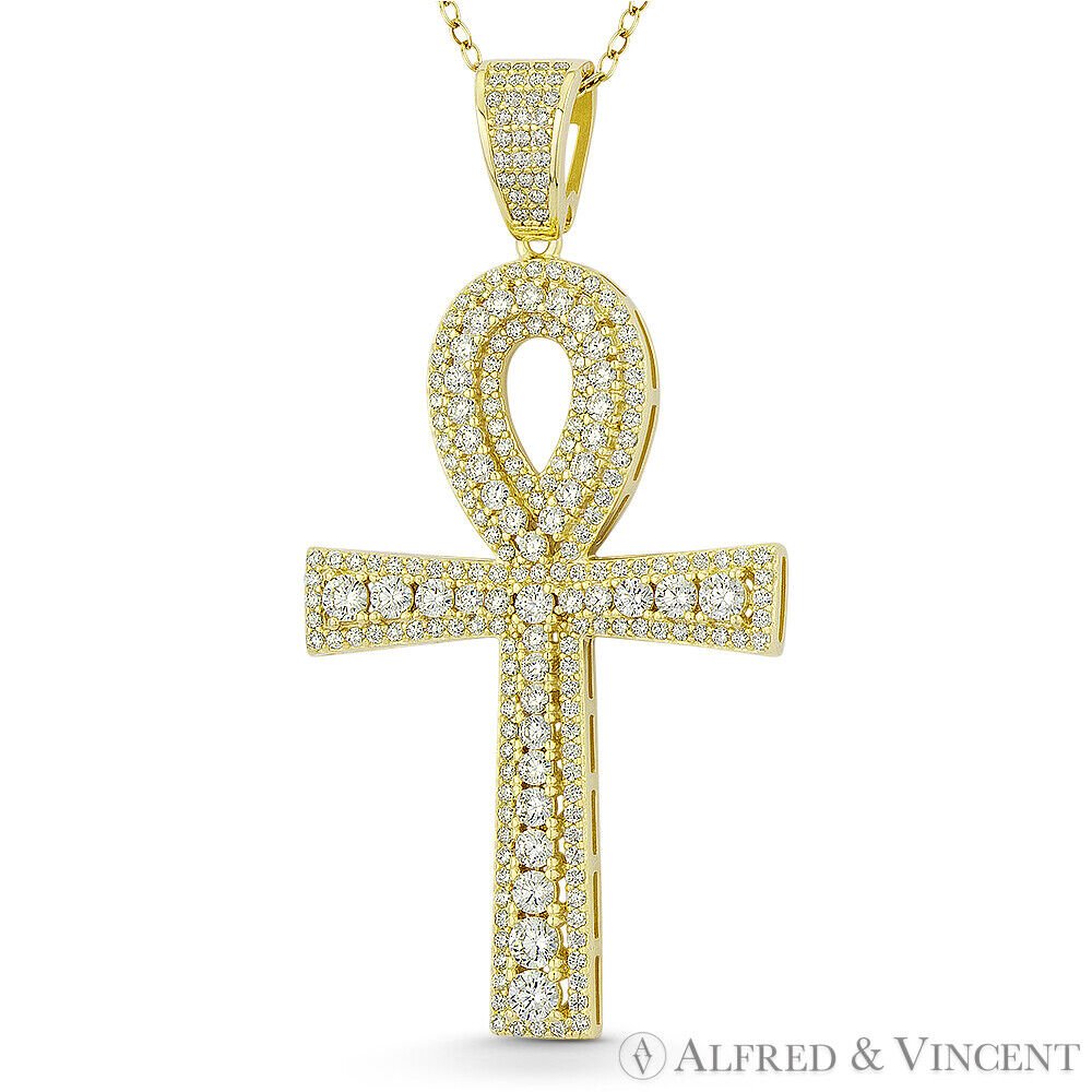 Ankh Cross Key-of-Life CZ 925 Sterling Silver 14k Y Gold-Plated ...