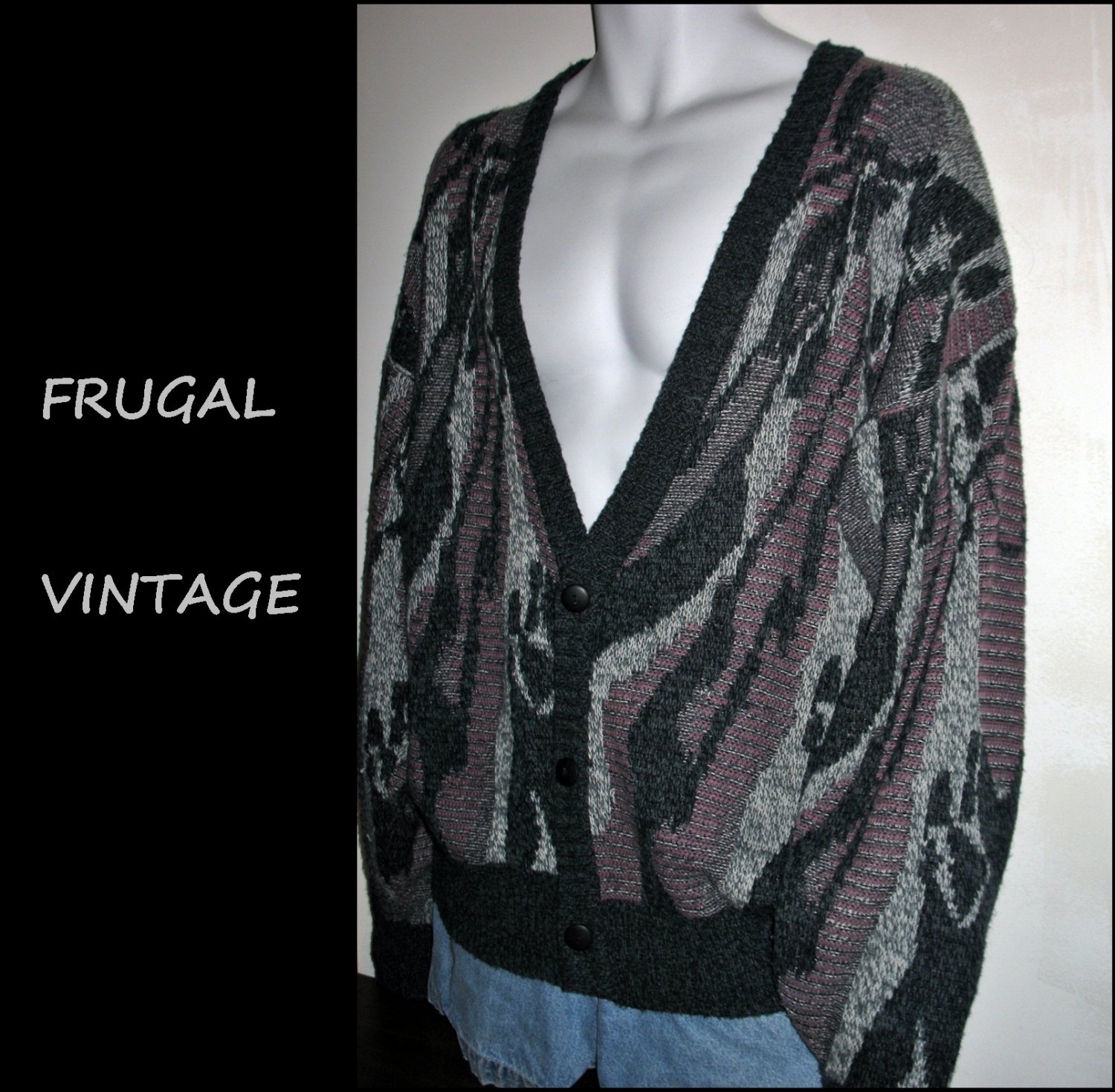 Men's Cardigan Vintage 80s Abstract Design in Purple Black and Grey Size XL