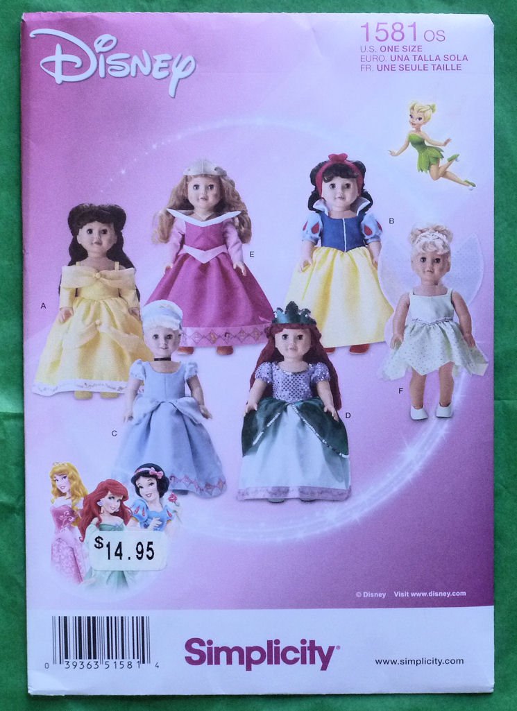 Simplicity Disney Costume Pattern 1581 for 18 Inch Dolls MIP