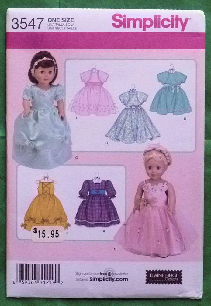 Simplicity 3547 Doll Clothes Pattern 18 Inch Dolls Gowns Dresses MIP