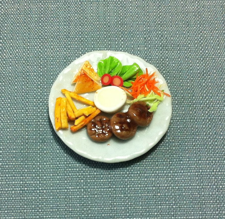 Steaks Fries Salad Plate Dish Food Meal Clay Fimo Ceramic Miniature ...