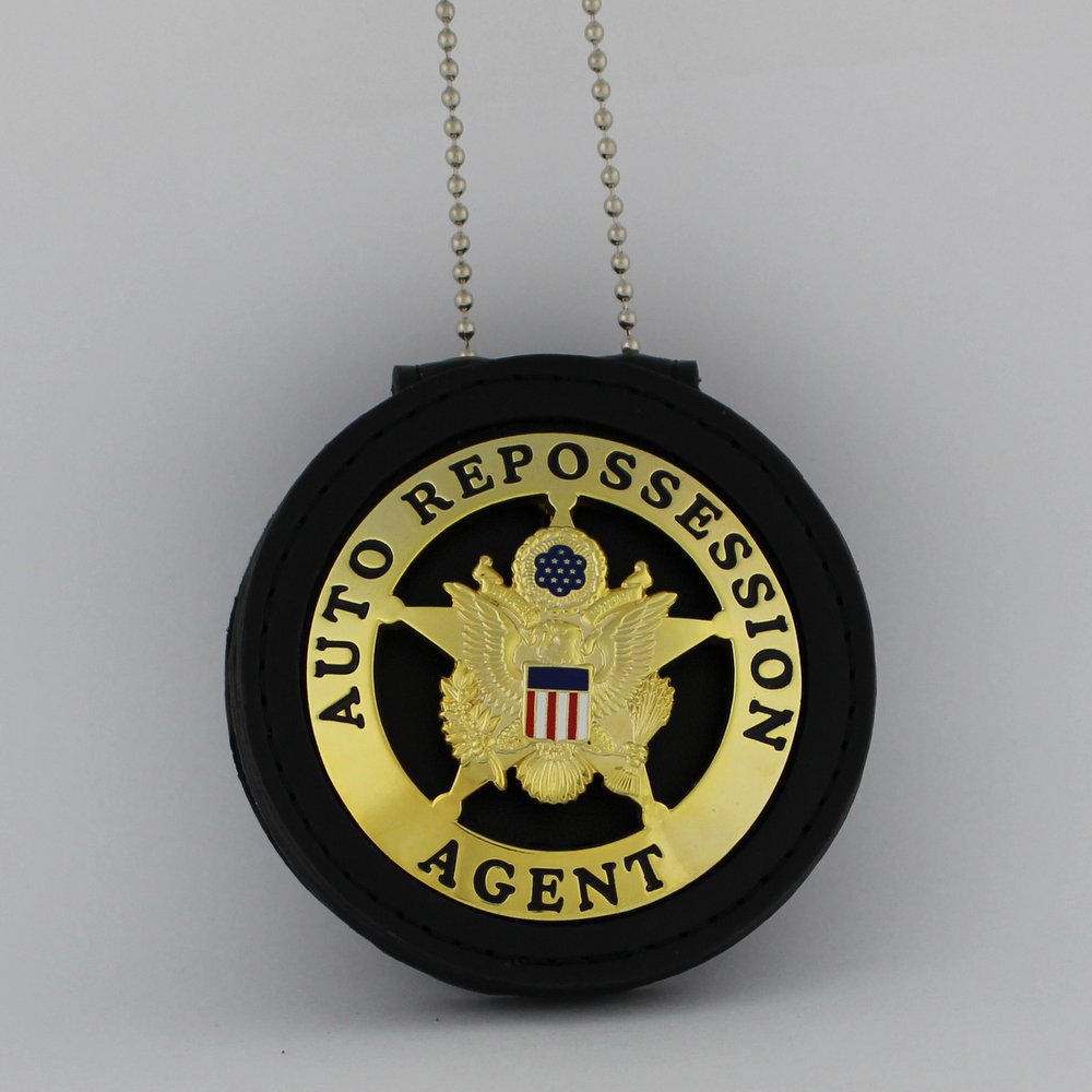 Old West Style Auto Repossession Agent Metal Badge 2 1/4 Inch & Holder