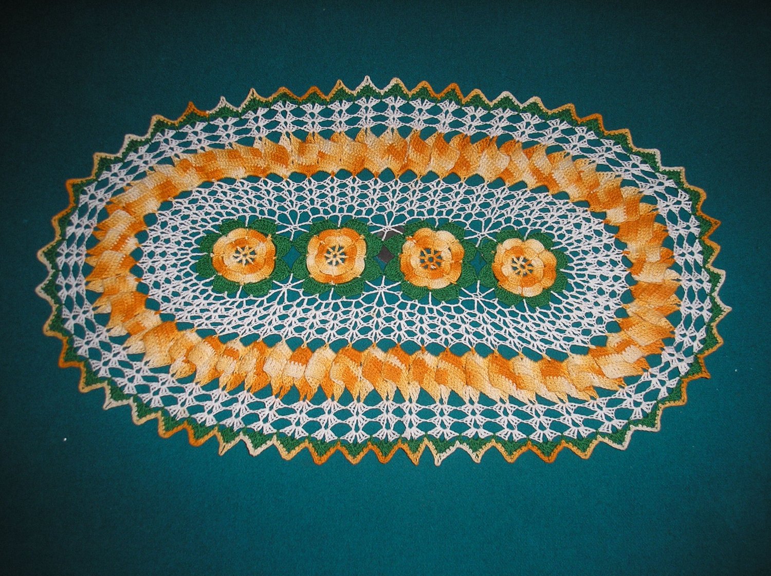 VINTAGE HAND CROCHETED DOILY-20"x12" OBLONG SHAPE - WHITE/YELLOW/GREEN ...