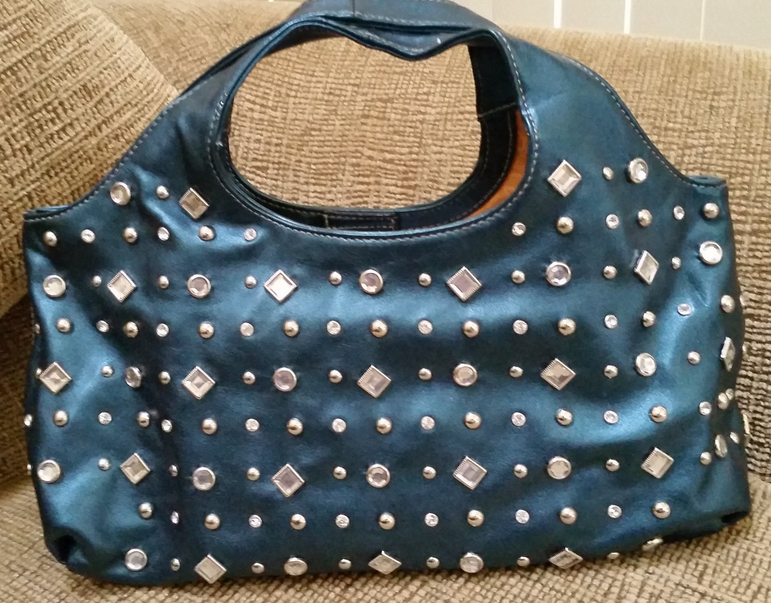 Kathy Van Zeeland Teal Rhinestone & Silver Studded Purse Handbag ...