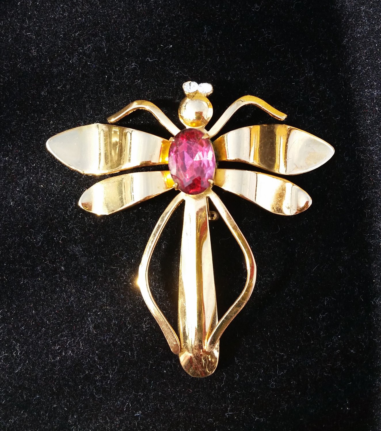 Vintage Coro Dragonfly Pin Brooch with Pink Rhinestone Center!