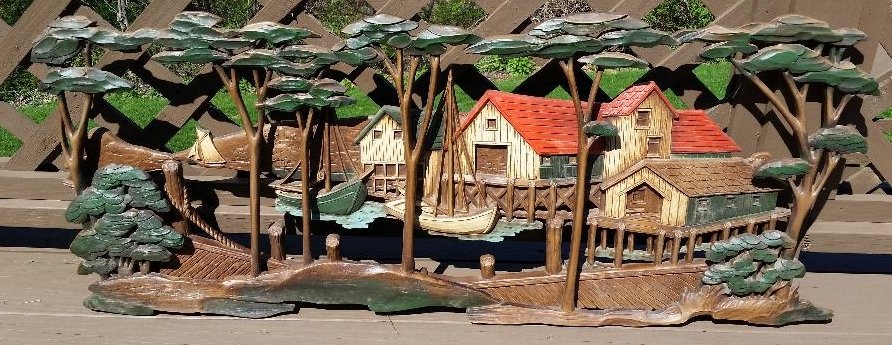 Vintage Syroco Wall Hanging Boat Dock with Cottages Cabins & Trees 43 ...