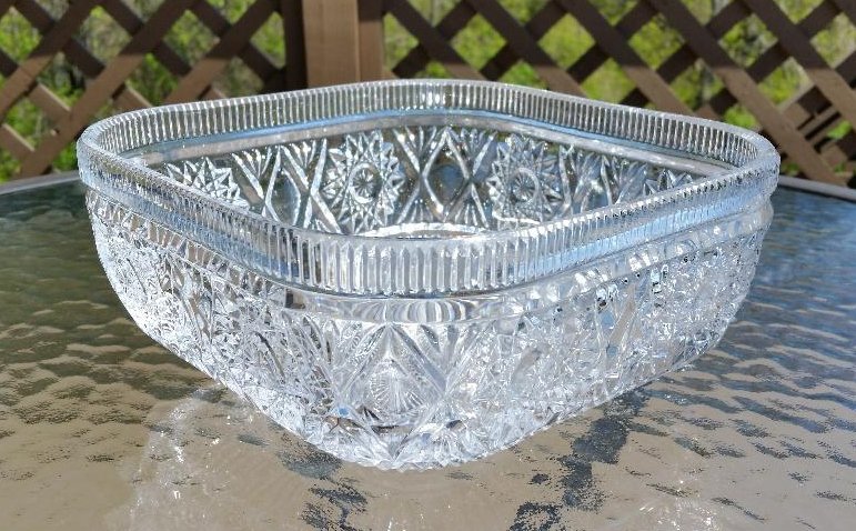 Vintage Brilliant Rectangular Cut Glass Bowl - Hobstar Pattern - HEAVY!