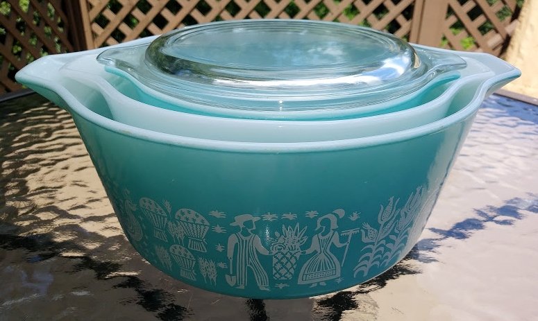 Vintage Pyrex Butterprint Opal Ware Turquoise/White Amish Print Nesting ...