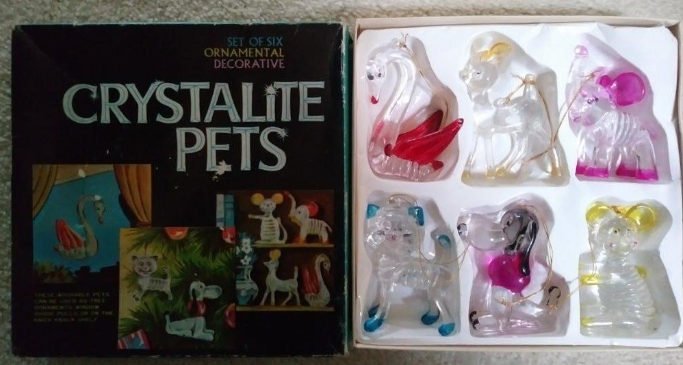 Vintage Crystalite Pets Ornaments Lucite Christmas Decorations set of 6 ...