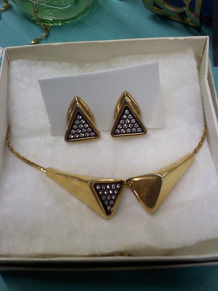 Caroline Emmons Capriccio gold black and rhinestone necklace and clip ...