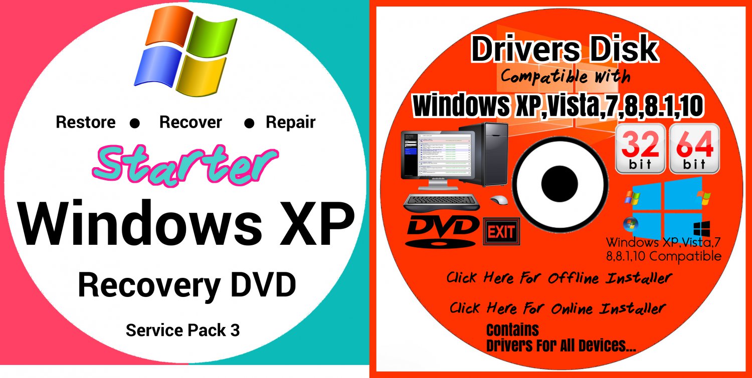 Windows Xp Starter 32 bit & Driver Combo Reinstall Boot Restore DVD Disk