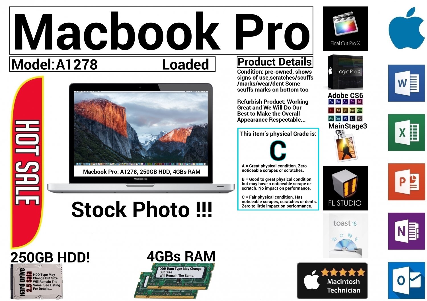 Apple Macbook Pro A1278 13" Intel Core 2 Duo 2.4GHz 4GBs Ram 250GB HDD ...
