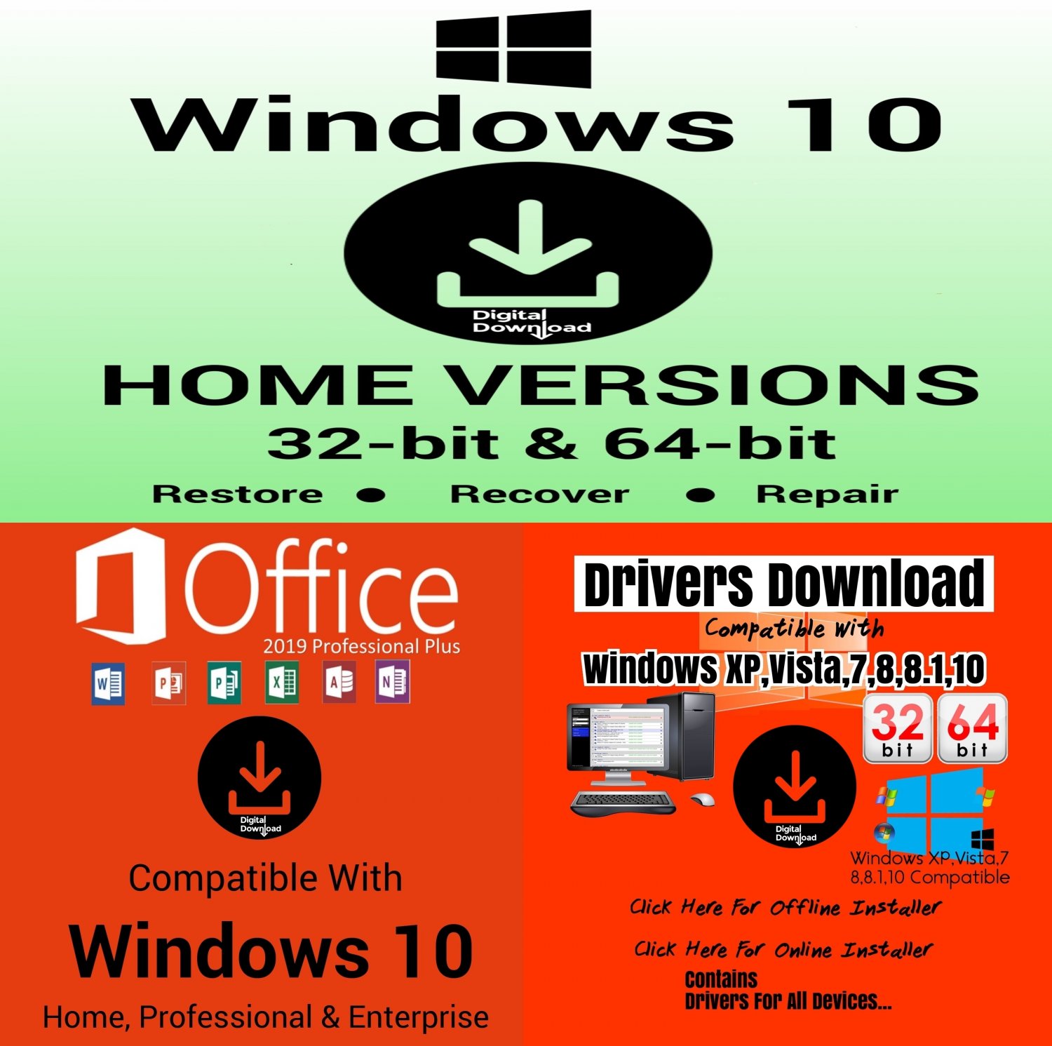 Windows 10 Home 32 64 Bit & Office 2019 + Drivers Combo Digital Delivery