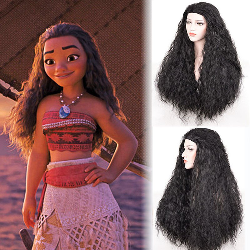 Moana cosplay black wigs black women's long corn perm curly hair ...