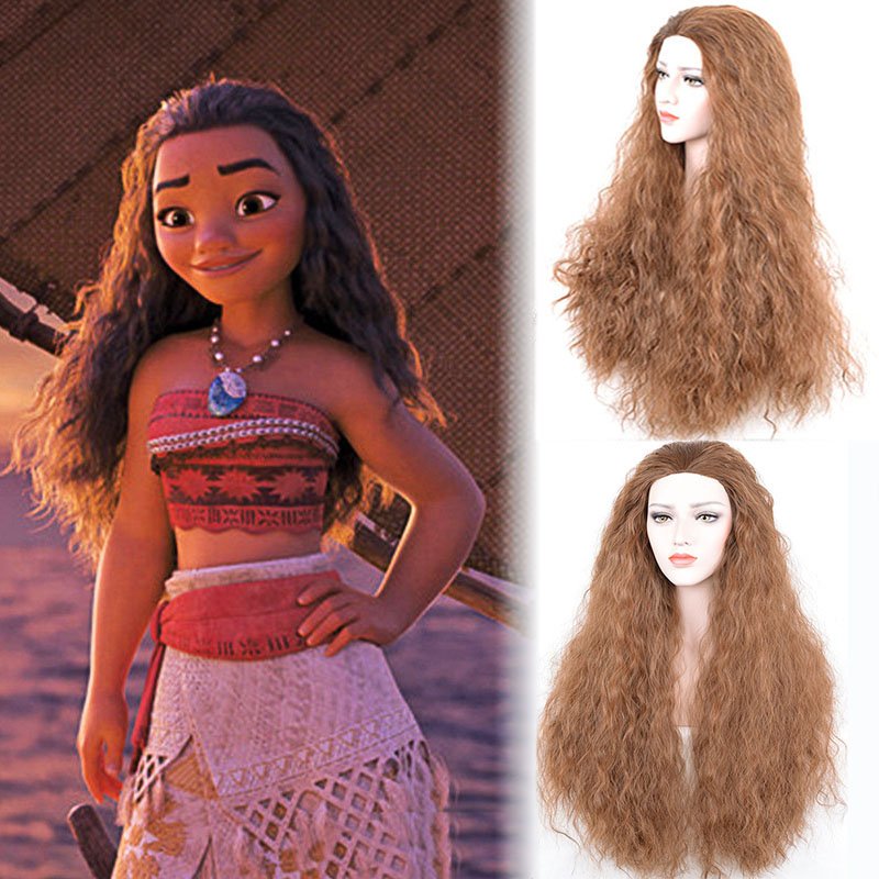 Moana cosplay brown wigs black women's long corn perm curly hair ...