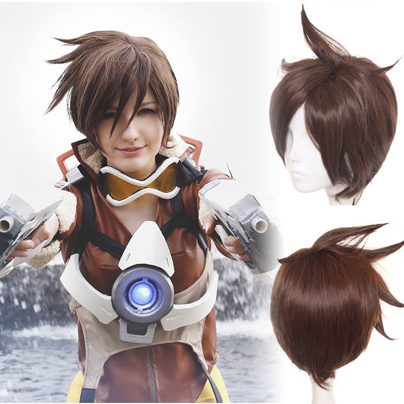 Overwatch ow Tracer cosplay wig brown short Halloween Comic-Con Party ...