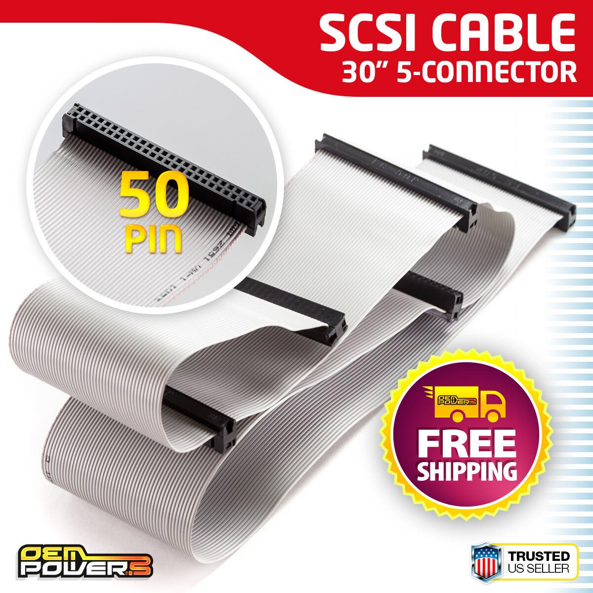 New 30" 50-Pin Scsi Internal Ribbon Flat Cable F/F 5-Connector 4-Device ...