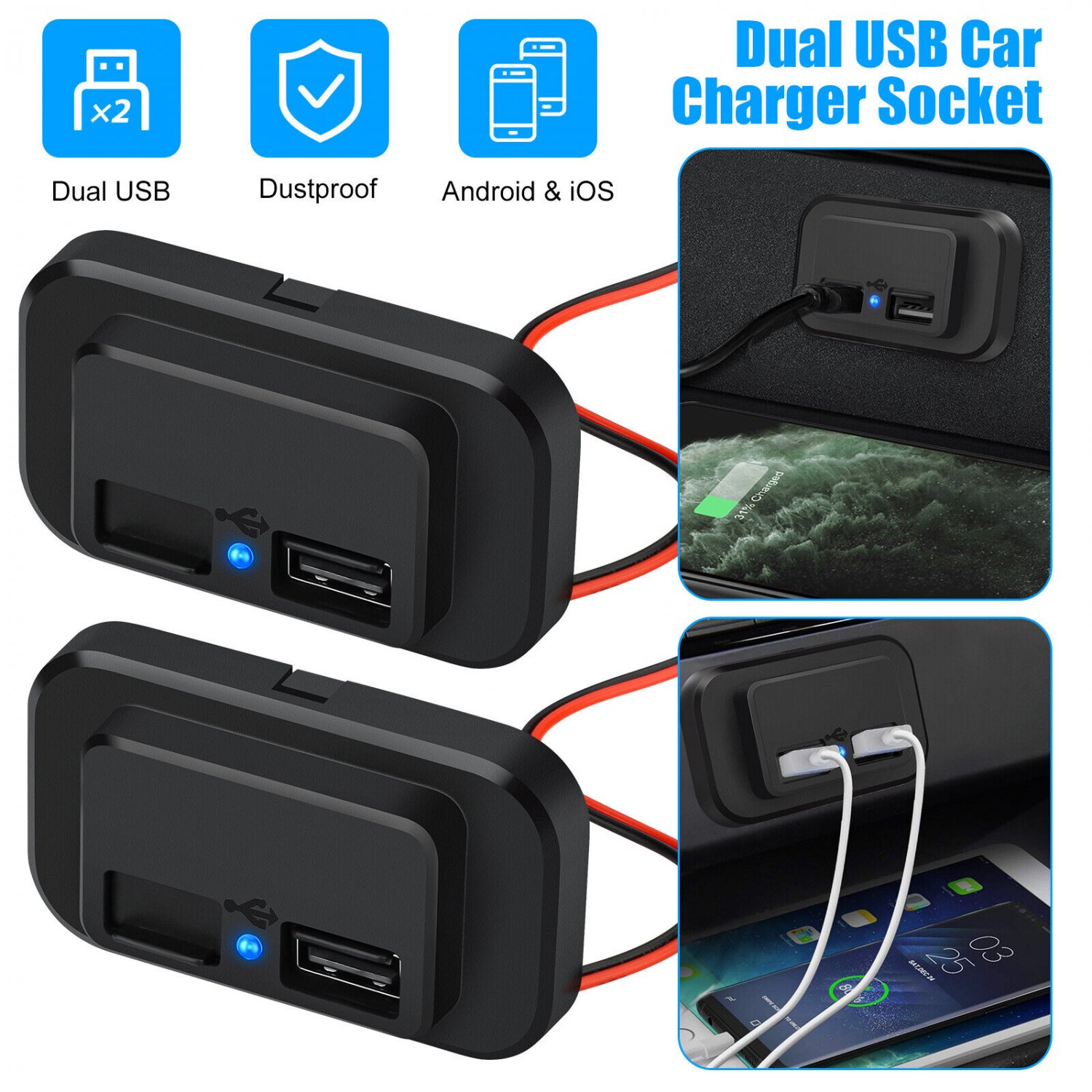 2Pcs 12V-24V 4.8A Dual Usb Port Car Fast Charger Socket Power Outlet ...