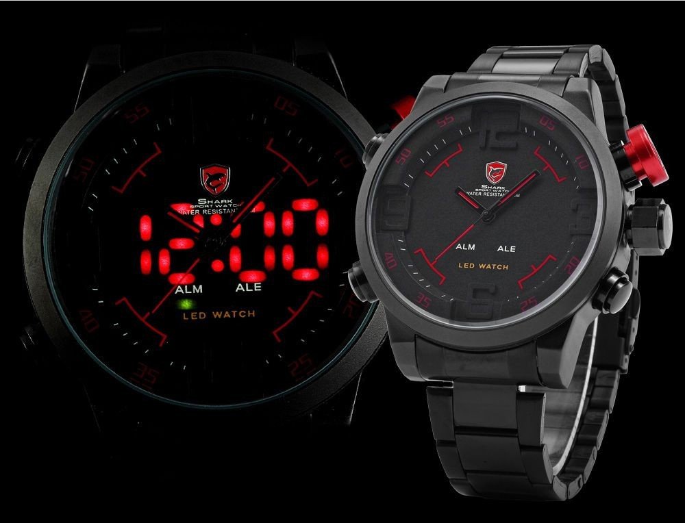 Shark Dual Analog Digital LED Stainless Steel Sports Watch Quartz ...