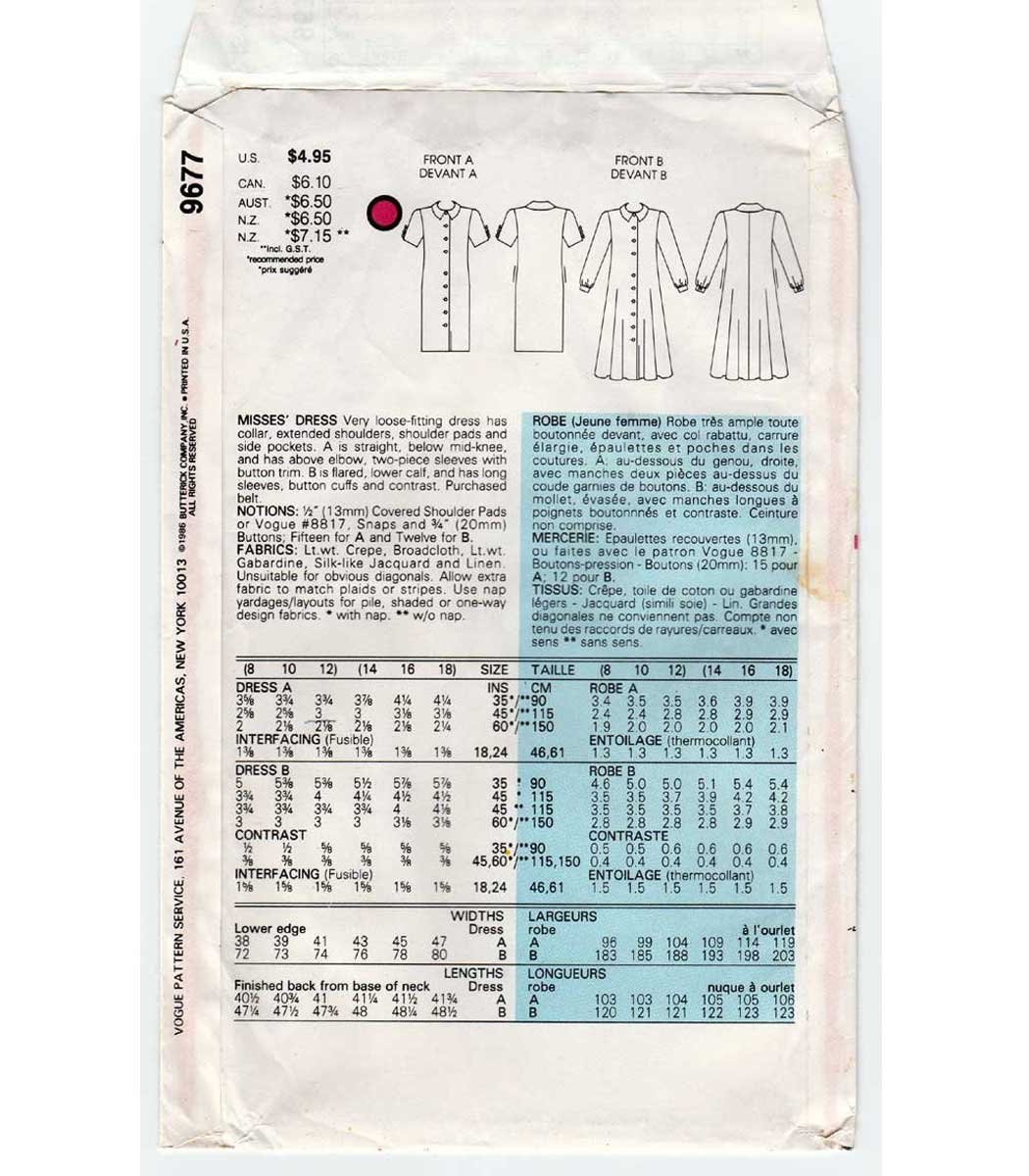 Vogue 9677 Women's Button Front Dress Pattern, Straight or Flared, Size ...