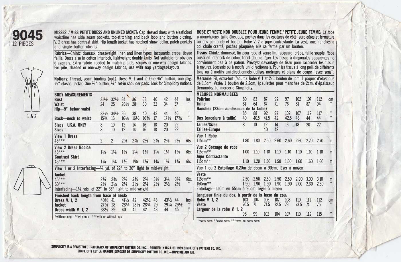 Simplicity 9045 Women's Dress and Unlined Jacket Sewing Pattern Size 12 ...