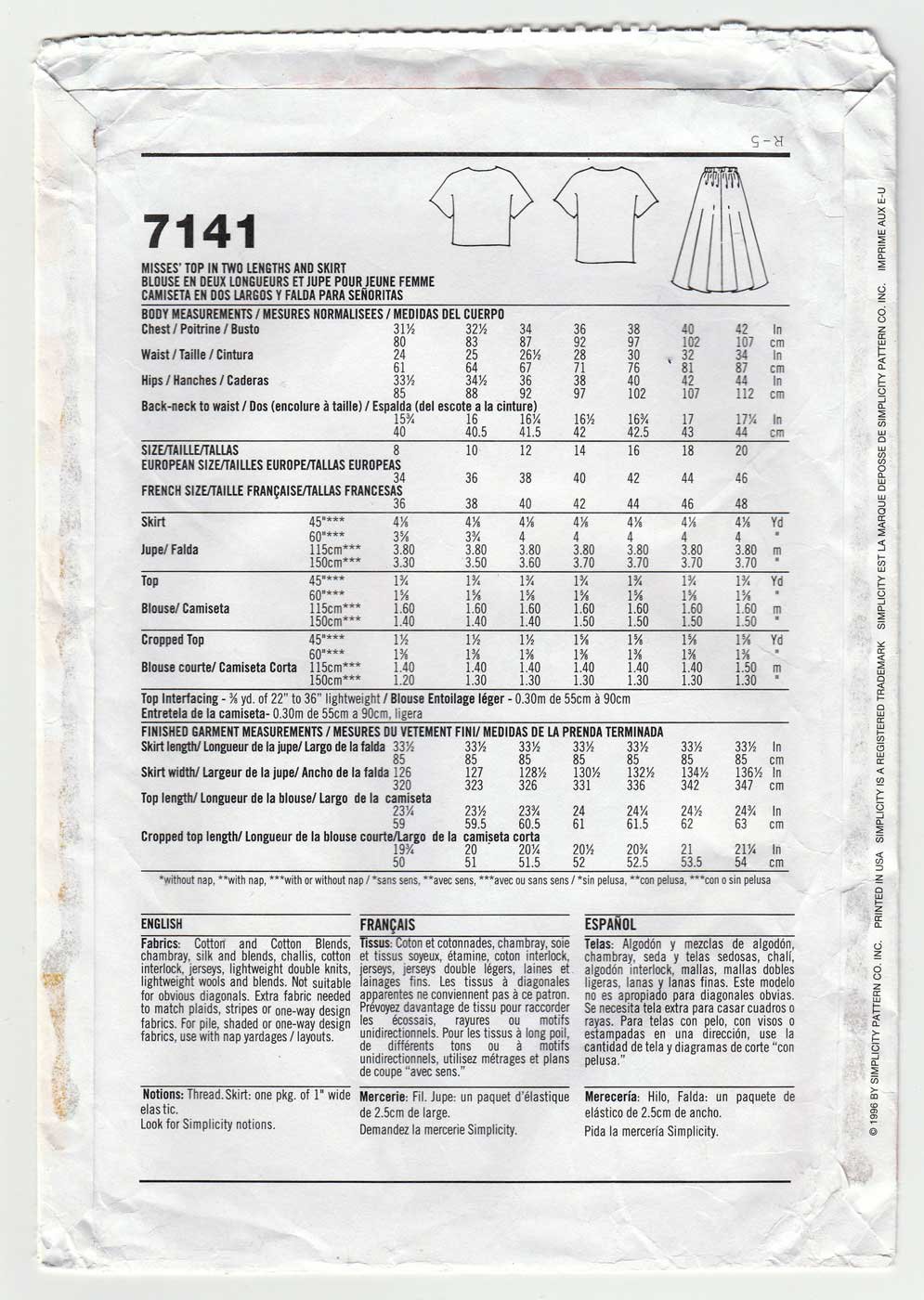 Women's Top and Skirt Sewing Pattern Size 8-10-12-14-16-18-20 UNCUT ...