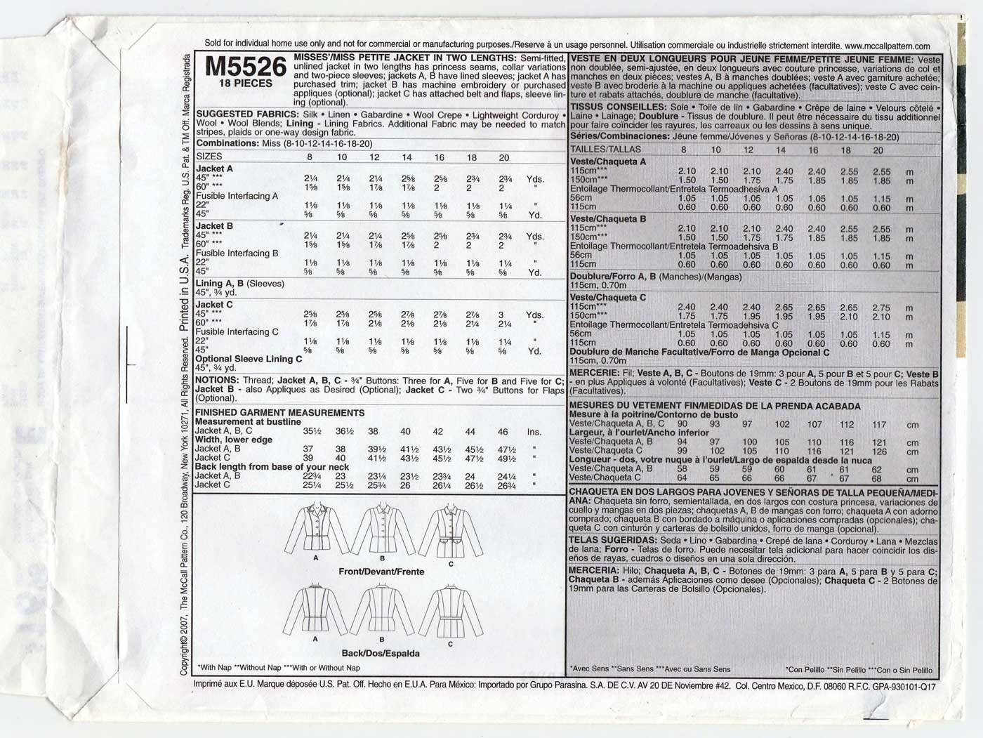 Women's Jacket Sewing Pattern Size 8-10-12-14-16-18-20 Uncut McCall's ...