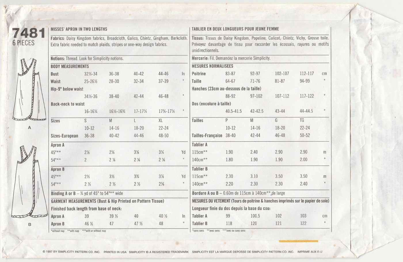 Daisy Kingdom Back Wrap Apron Sewing Pattern Size S-M-L-XL UNCUT ...