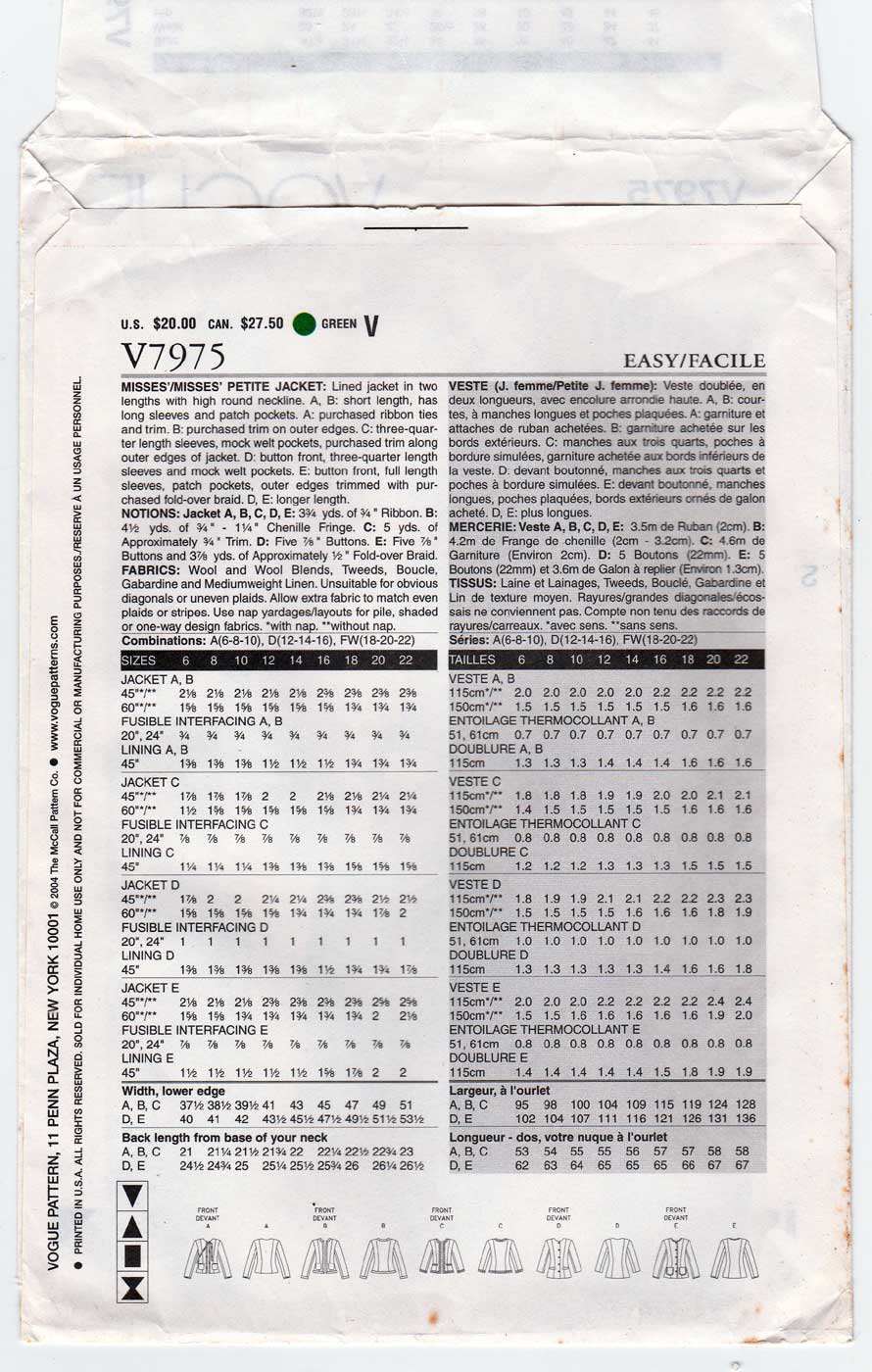 Vogue 7975 Women's Jacket Sewing Pattern Misses' / Misses' Petite Size ...