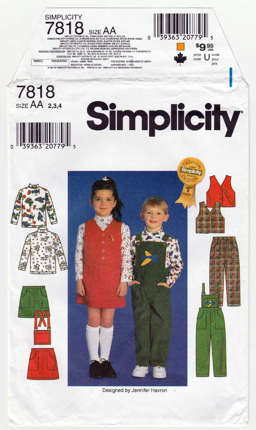 Simplicity 7818 Child's Vest, Skirt, Pants, Overalls, Knit Top Sewing ...