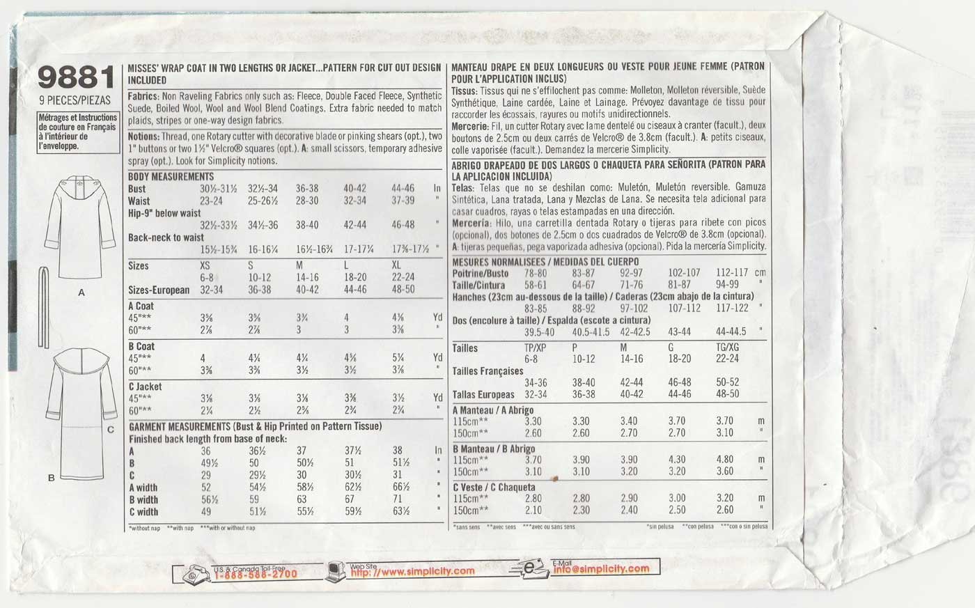 Women's Wrap Coat or Jacket Sewing Pattern Size 6-8-10-12-14-16 UNCUT ...