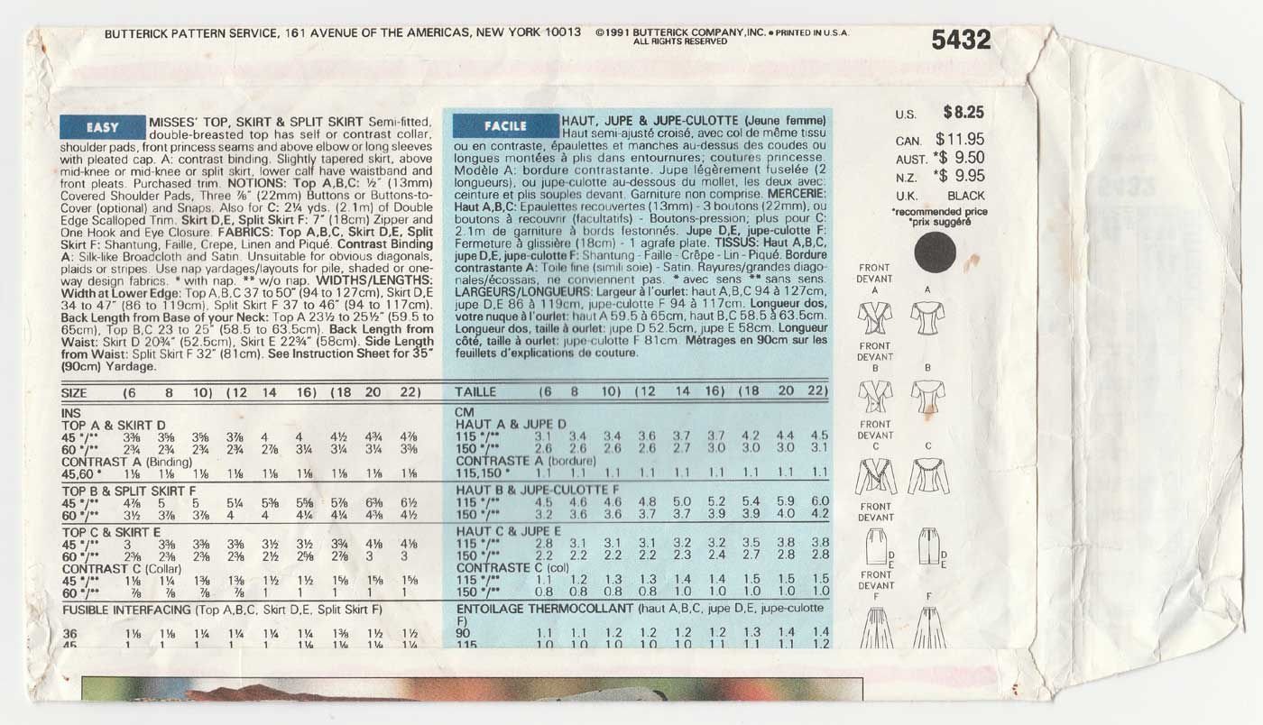 Women's Top, Skirt and Split Skirt Sewing Pattern Misses' Size 6-8-10 ...