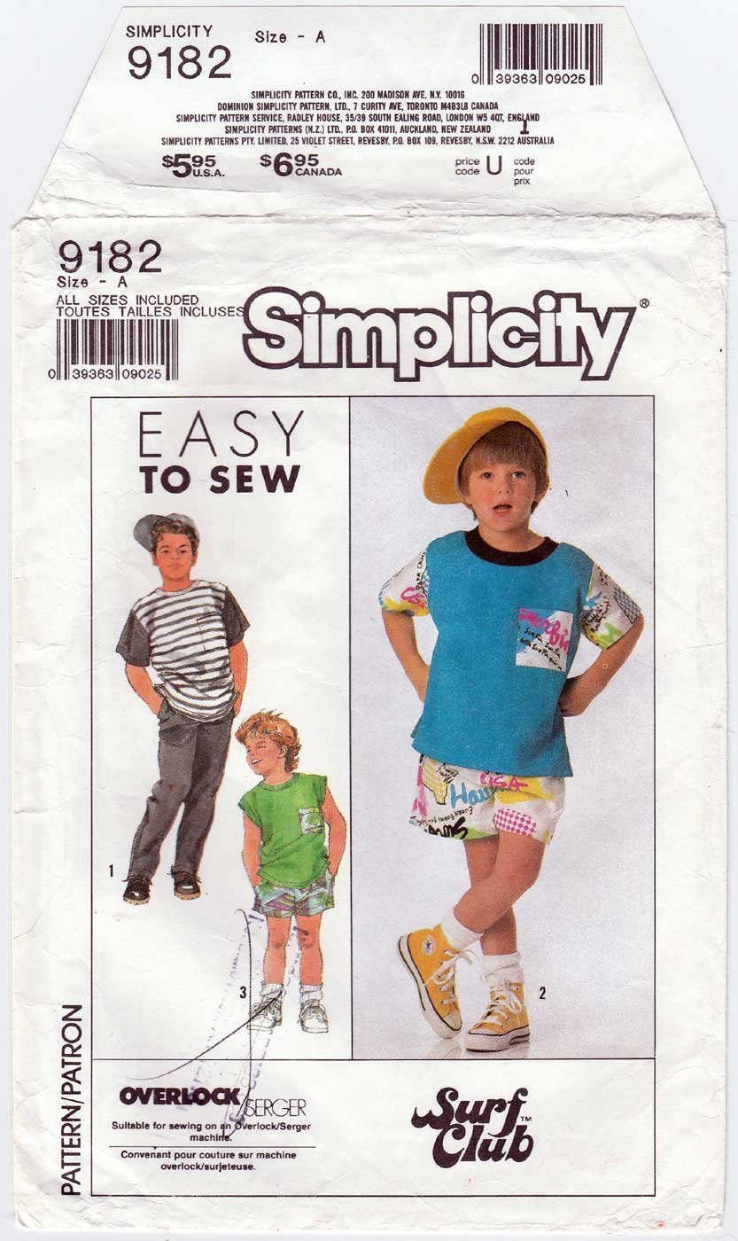 Simplicity 9182 Boy's Pants, Shorts and Tops Sewing Pattern Child Size ...